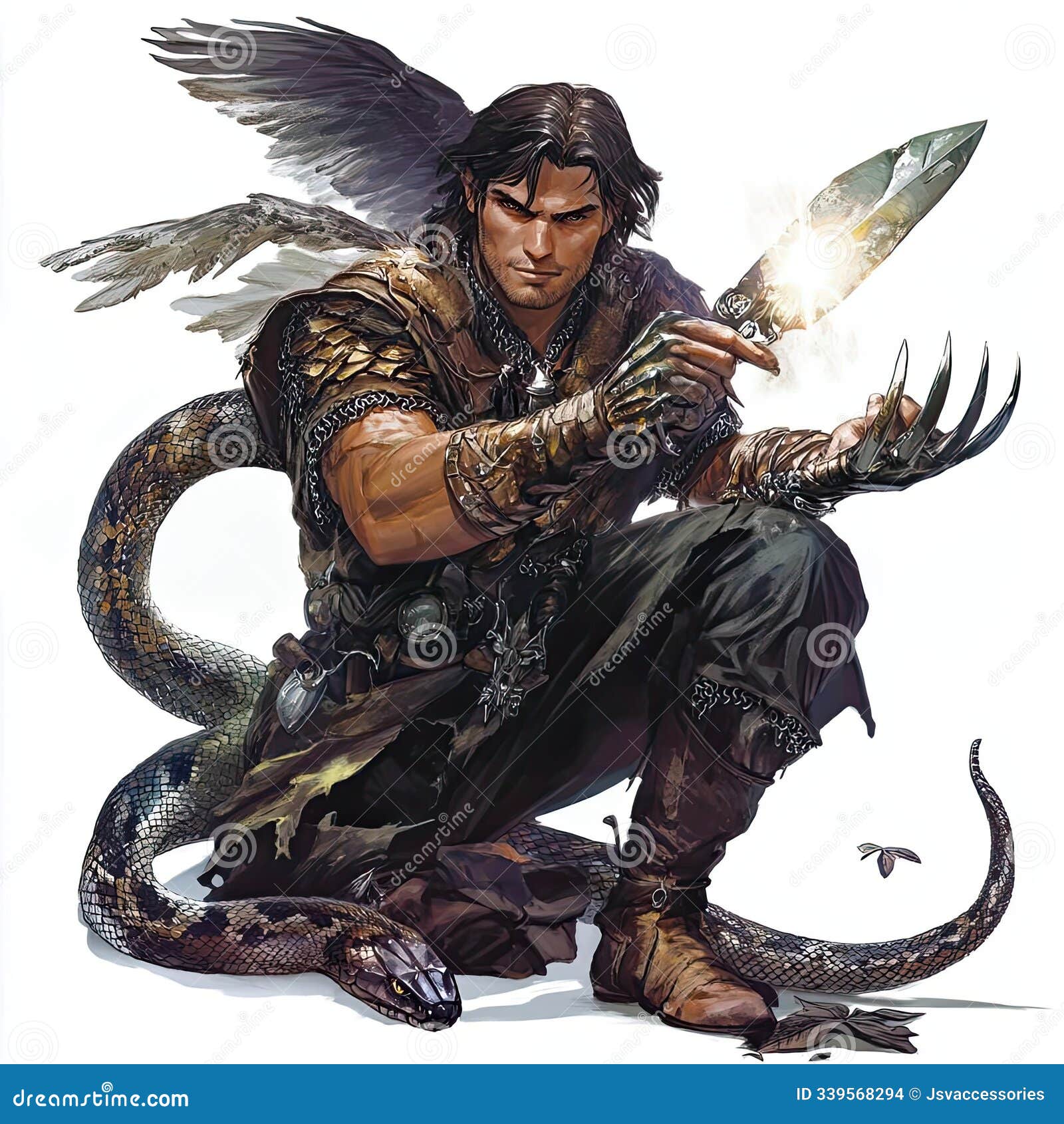 Charming Hero with a Snake Tail and Eagle Claws Wielding a Sparkling ...
