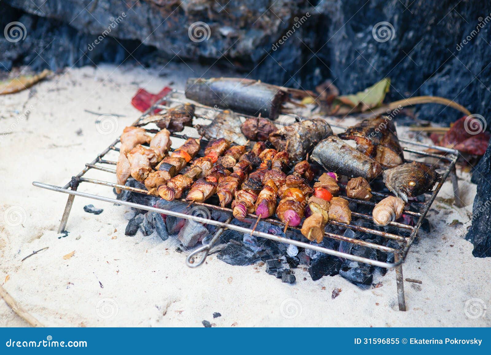 Meet and Fish Grilled on a Beach Stock Image - Image of fire, sand ...