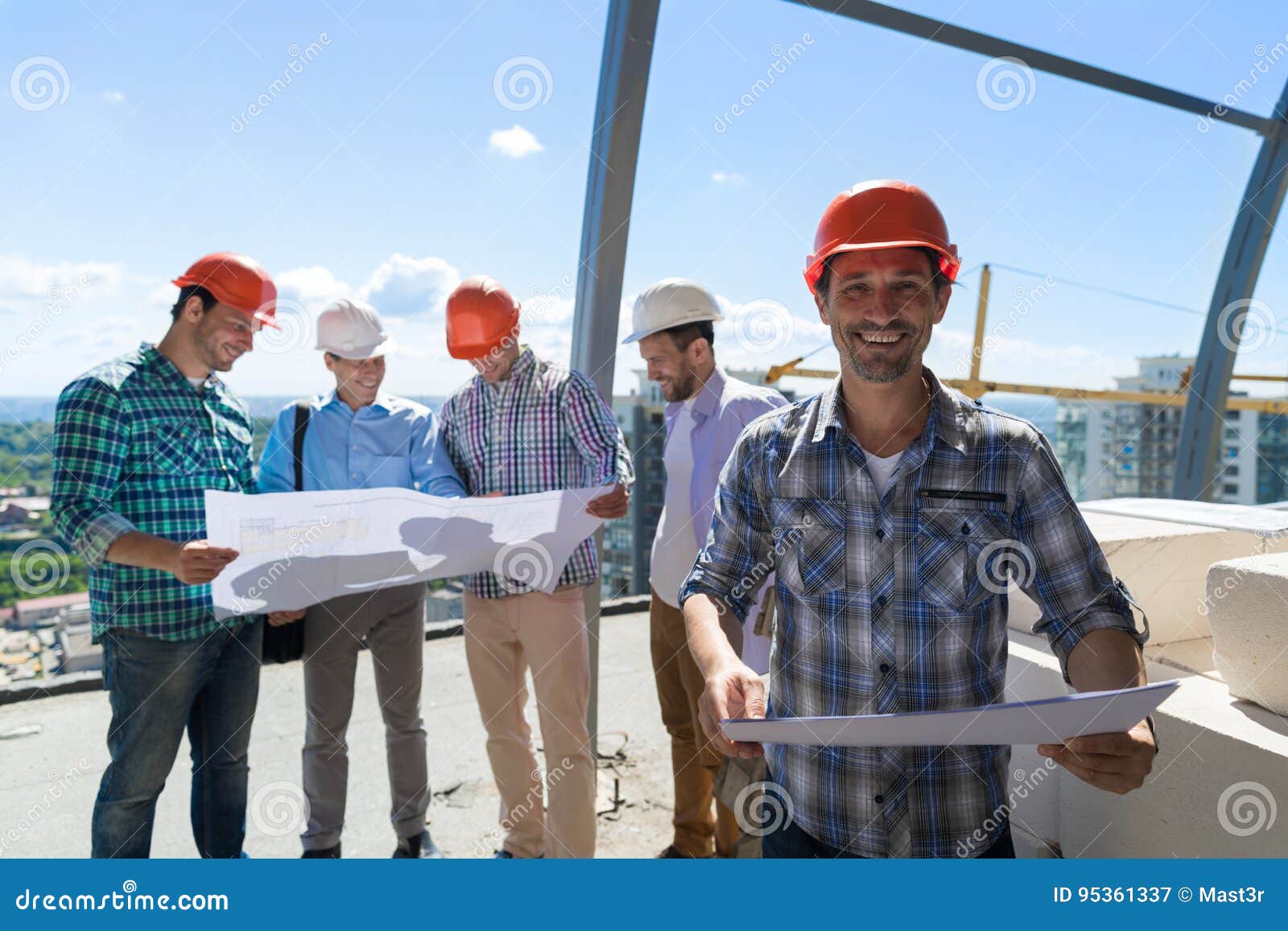 Meeting of Builders Team Outdoors Group of Foreman in Hardhat Looking ...