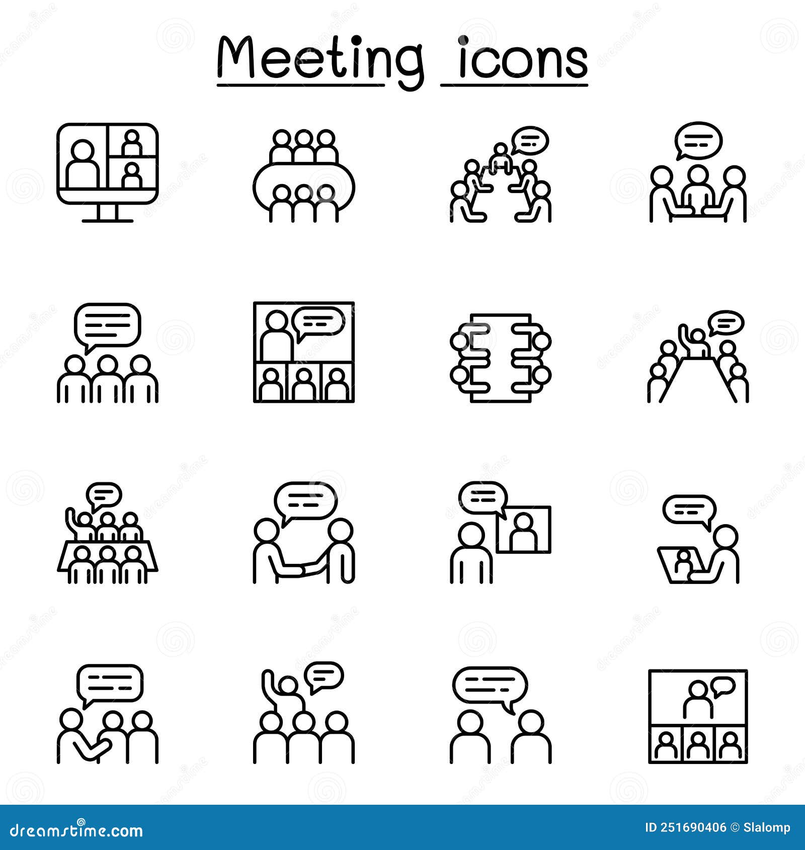 Meeting Icon Set in Thin Line Style Stock Illustration - Illustration ...
