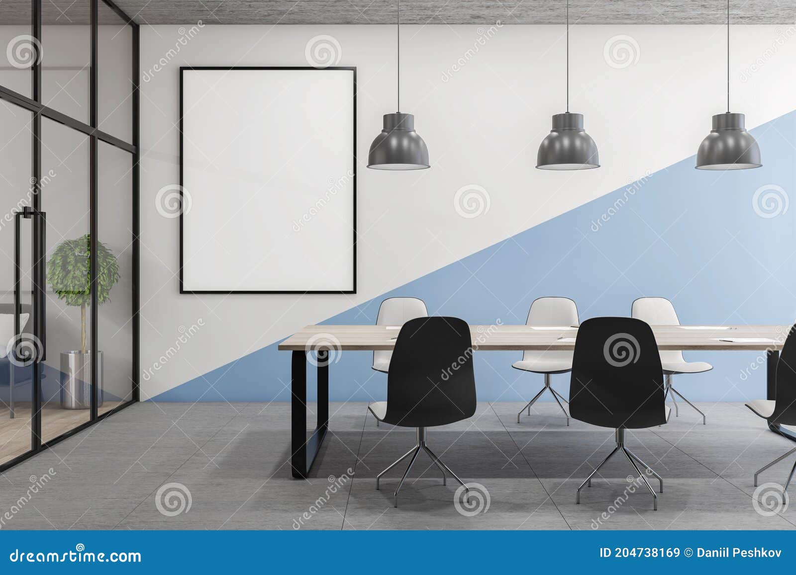 Meeting Interior with Long Conference Table and Blank Vertical Poster ...