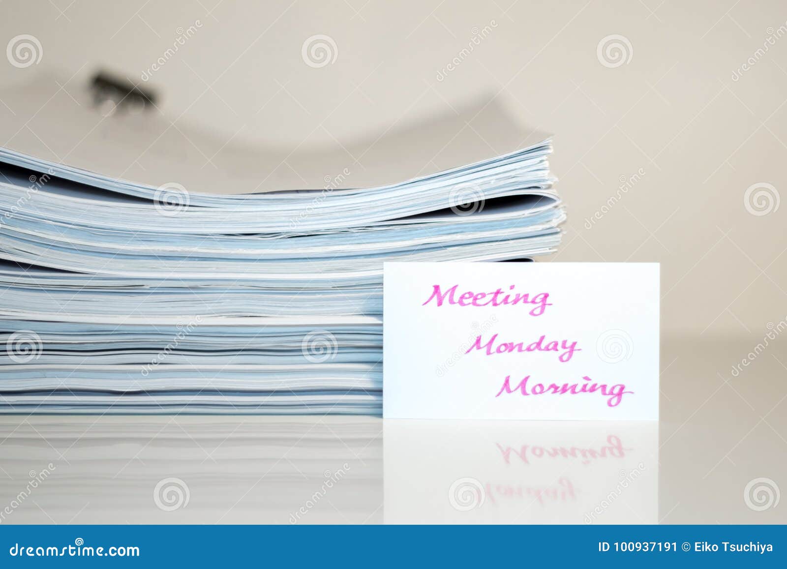Meeting Monday Morning; Stack of Documents on White Desk and Background ...