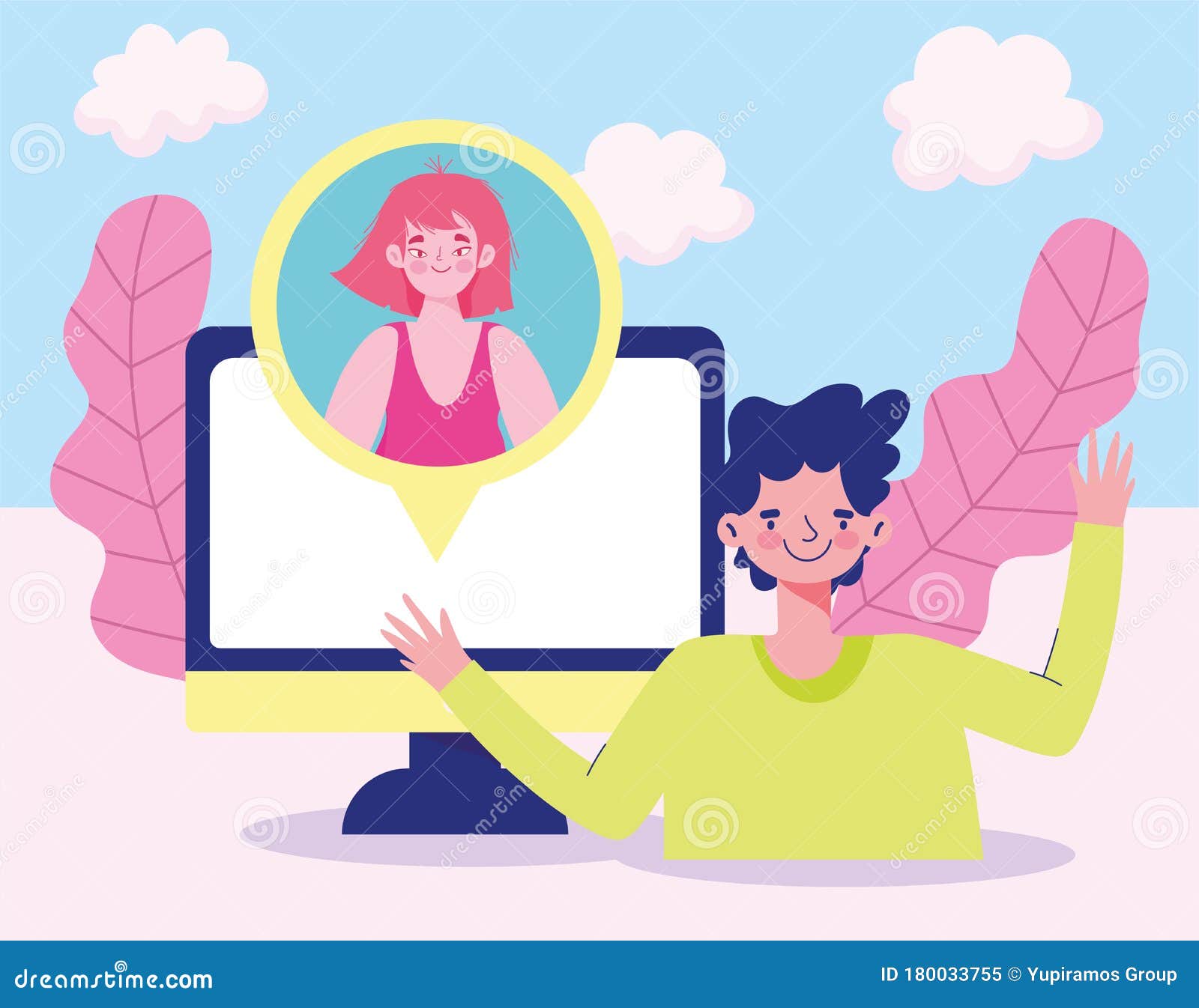 Meeting Online, Couple Connected Computer Talking Cartoon Stock Vector ...
