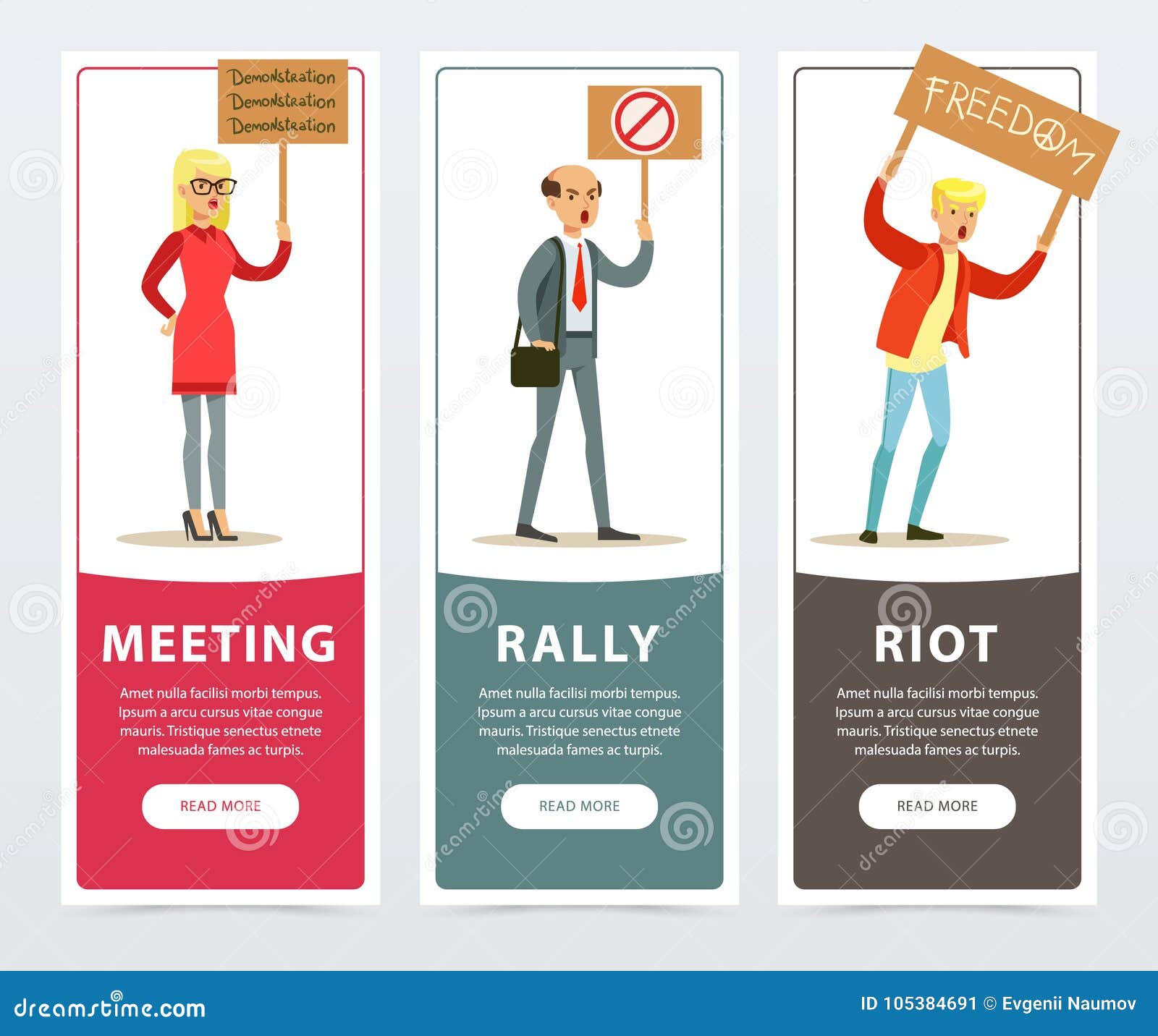 Meeting, Rally, Riot Banners Set, People Holding Picket Signs ...