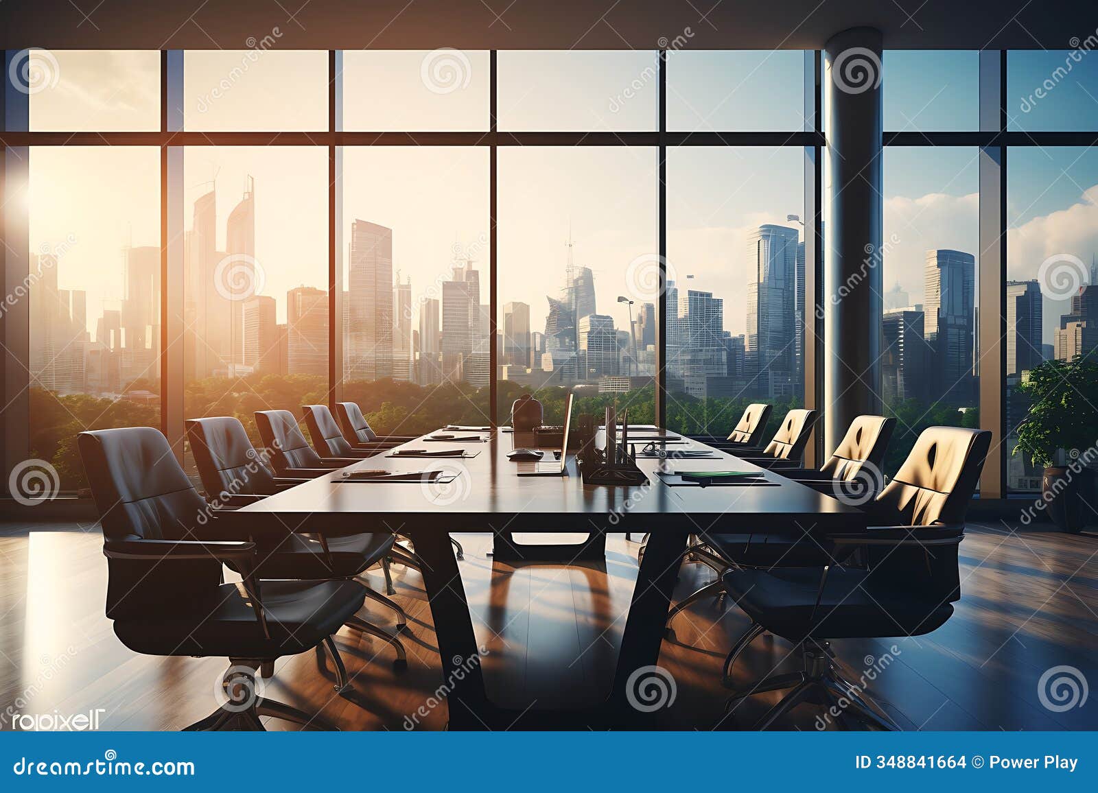 Meeting Room with Panoramic Window and City View, 3D Rendering Stock ...
