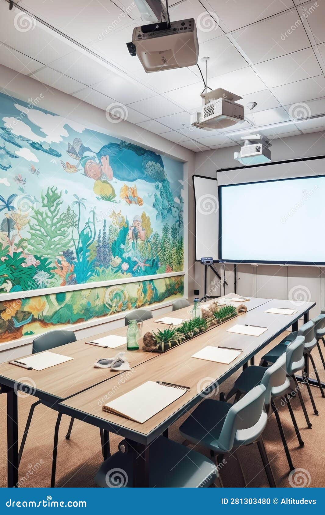 A Meeting Room with a Projector Screen and Whiteboard Stock ...