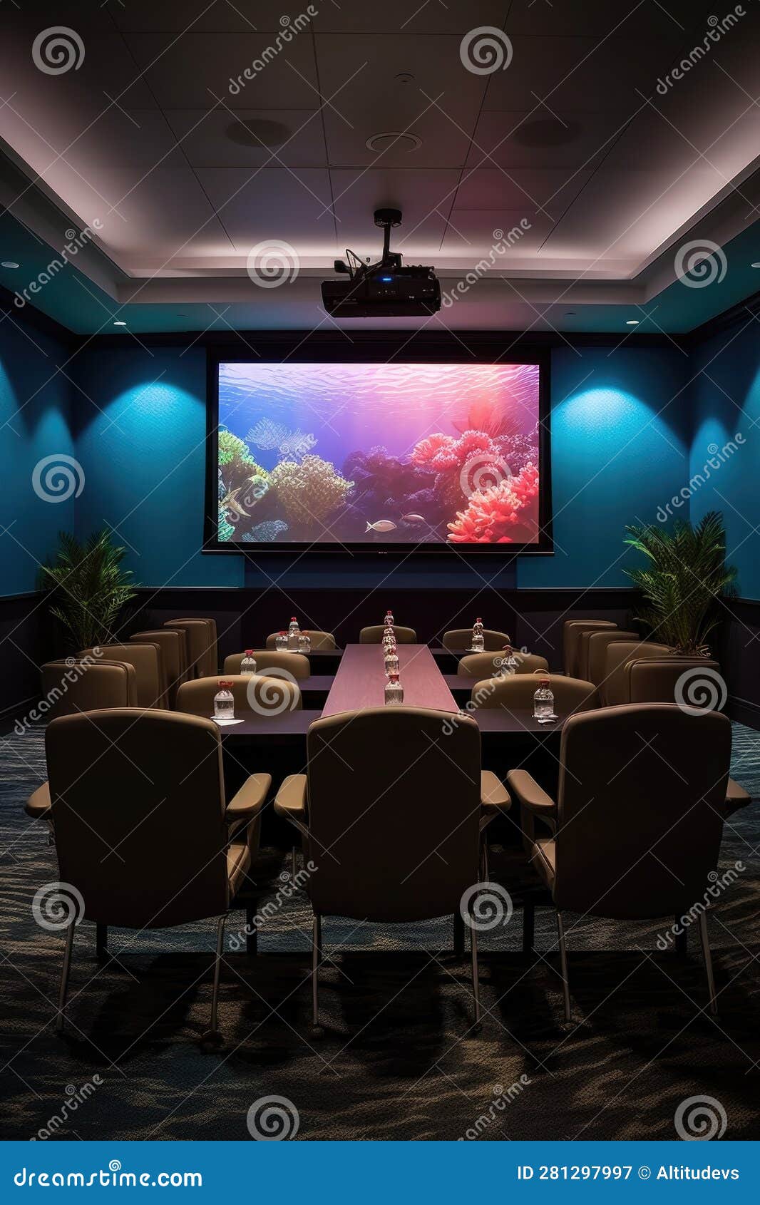 Meeting Room Setup with Comfortable Chairs and Projector Screen Stock ...
