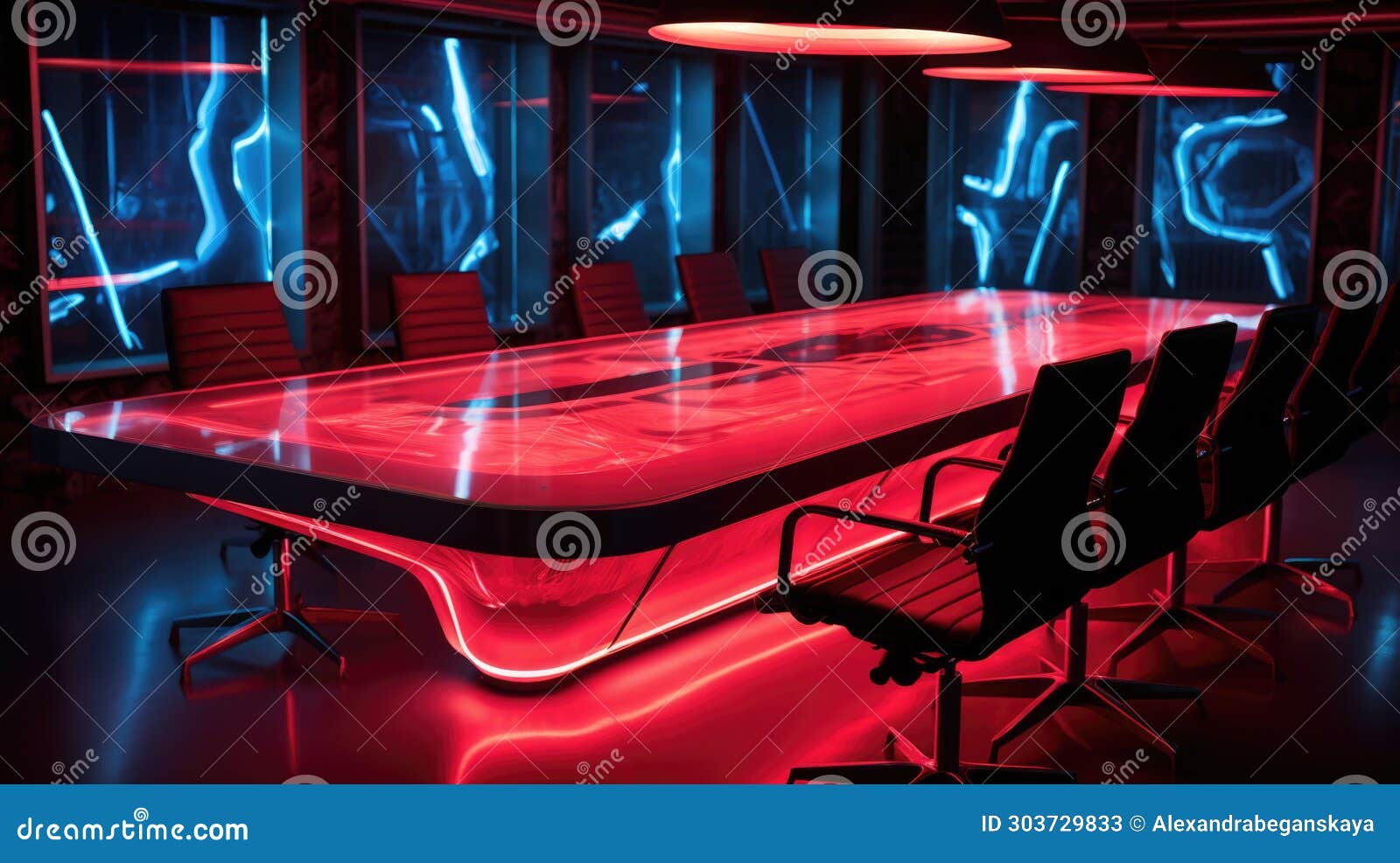Meeting Table with Red Neon Lighting in the Office Stock Illustration ...