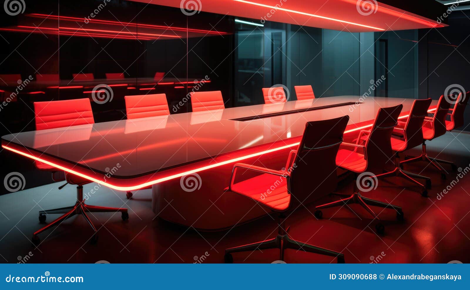 Meeting Table with Red Neon Lighting in the Office Stock Illustration ...