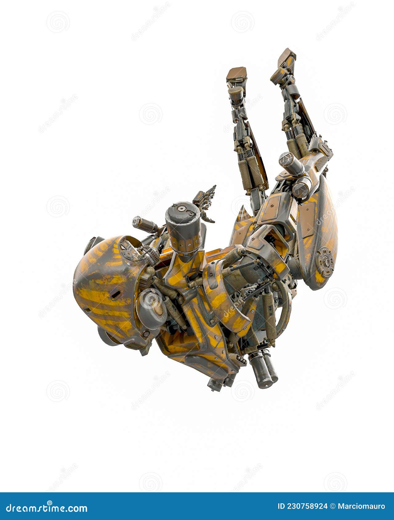 Mega Drone Soldier Robot is Flying Down Side View Stock Illustration ...