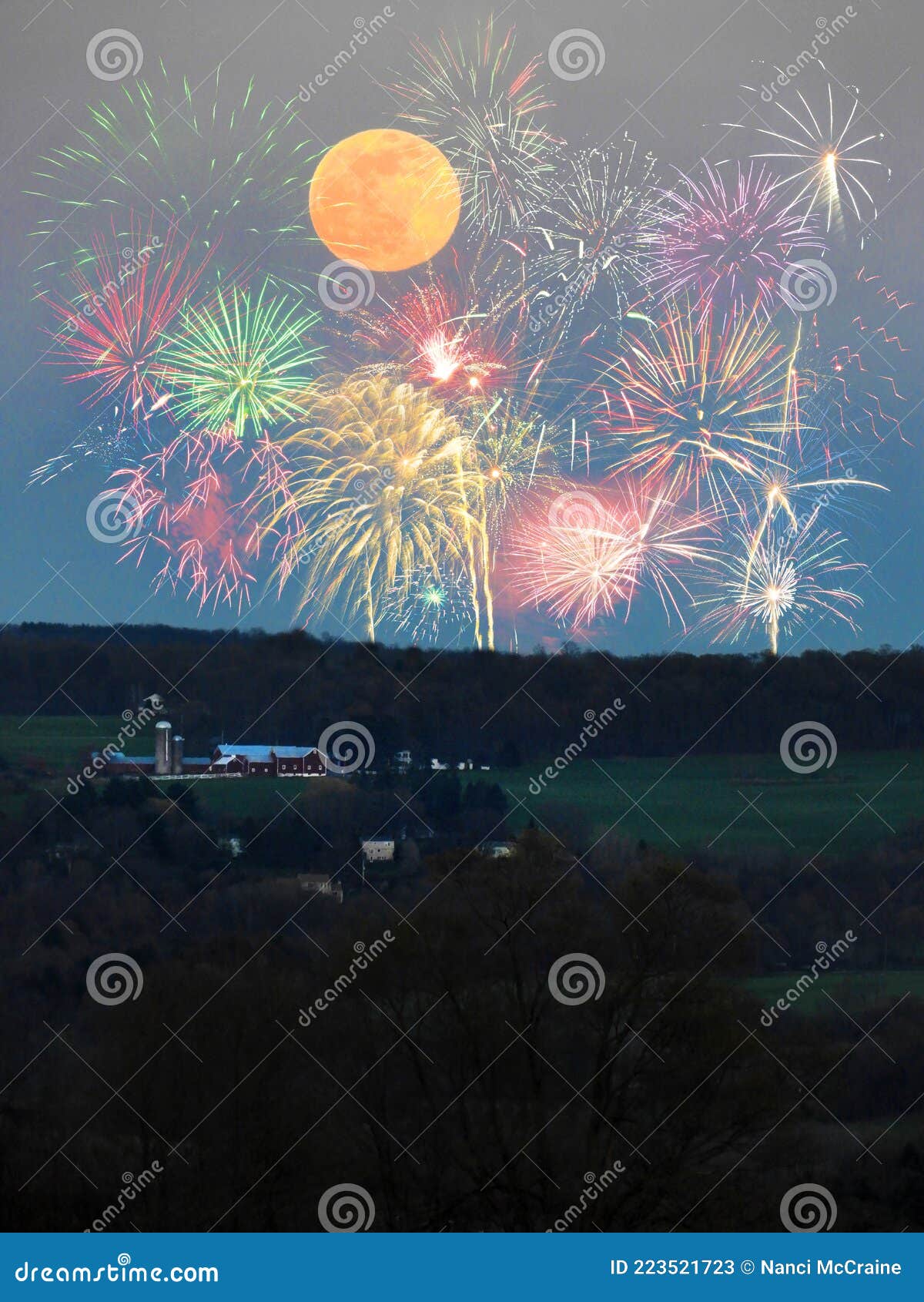 Mega Moon with Fireworks Display Over Country Farm Stock Image - Image ...