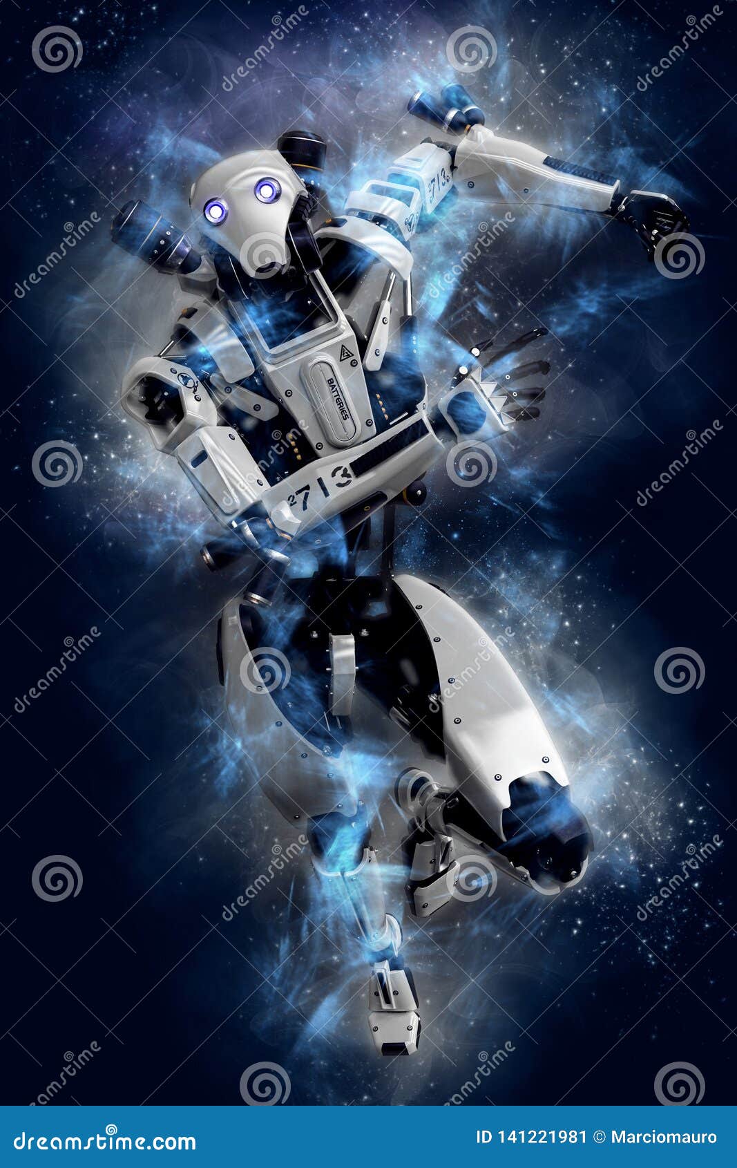 Robot Super Hero Standing On Planet Earth In Outer Space Vector ...