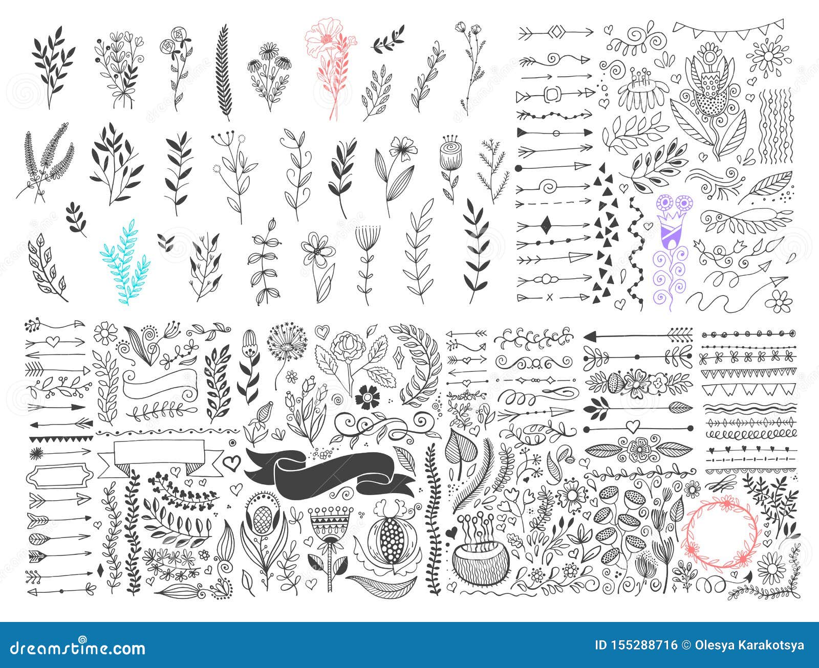 Mega Set of Hand Drawing Page Dividers Borders and Arrow, Doodle Floral ...