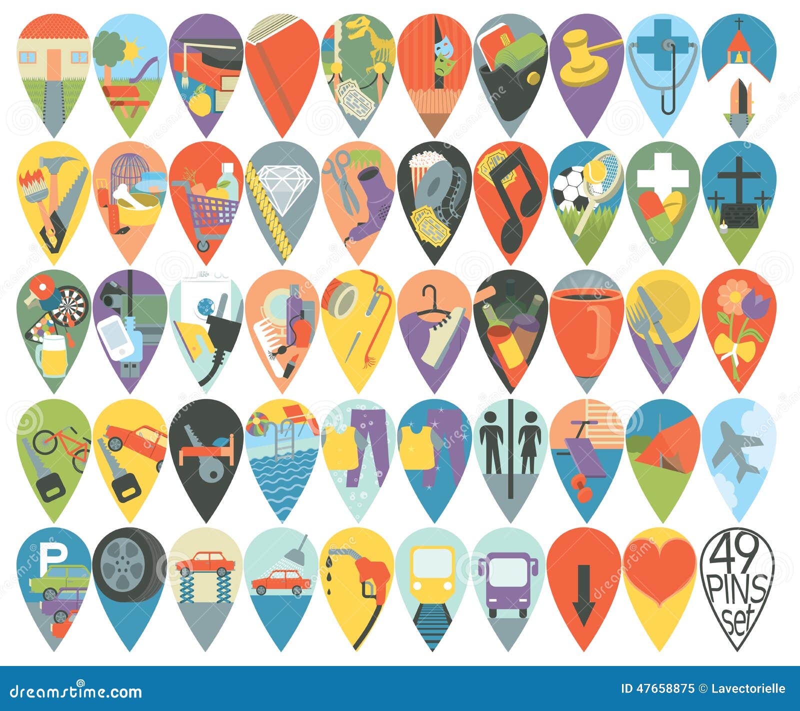 Mega set of 49 map pins stock vector. Illustration of colorful - 47658875