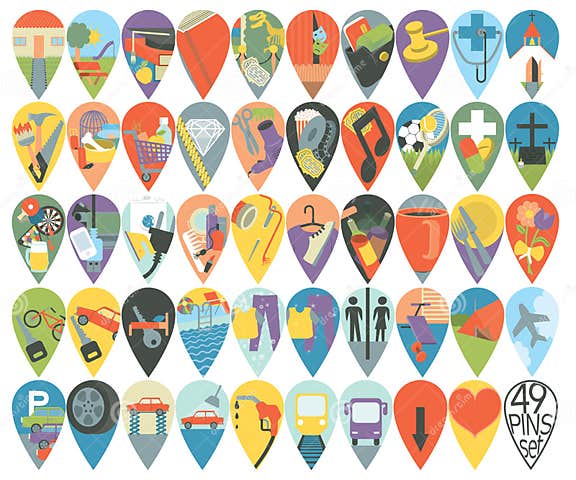 Mega set of 49 map pins stock vector. Illustration of colorful - 47658875