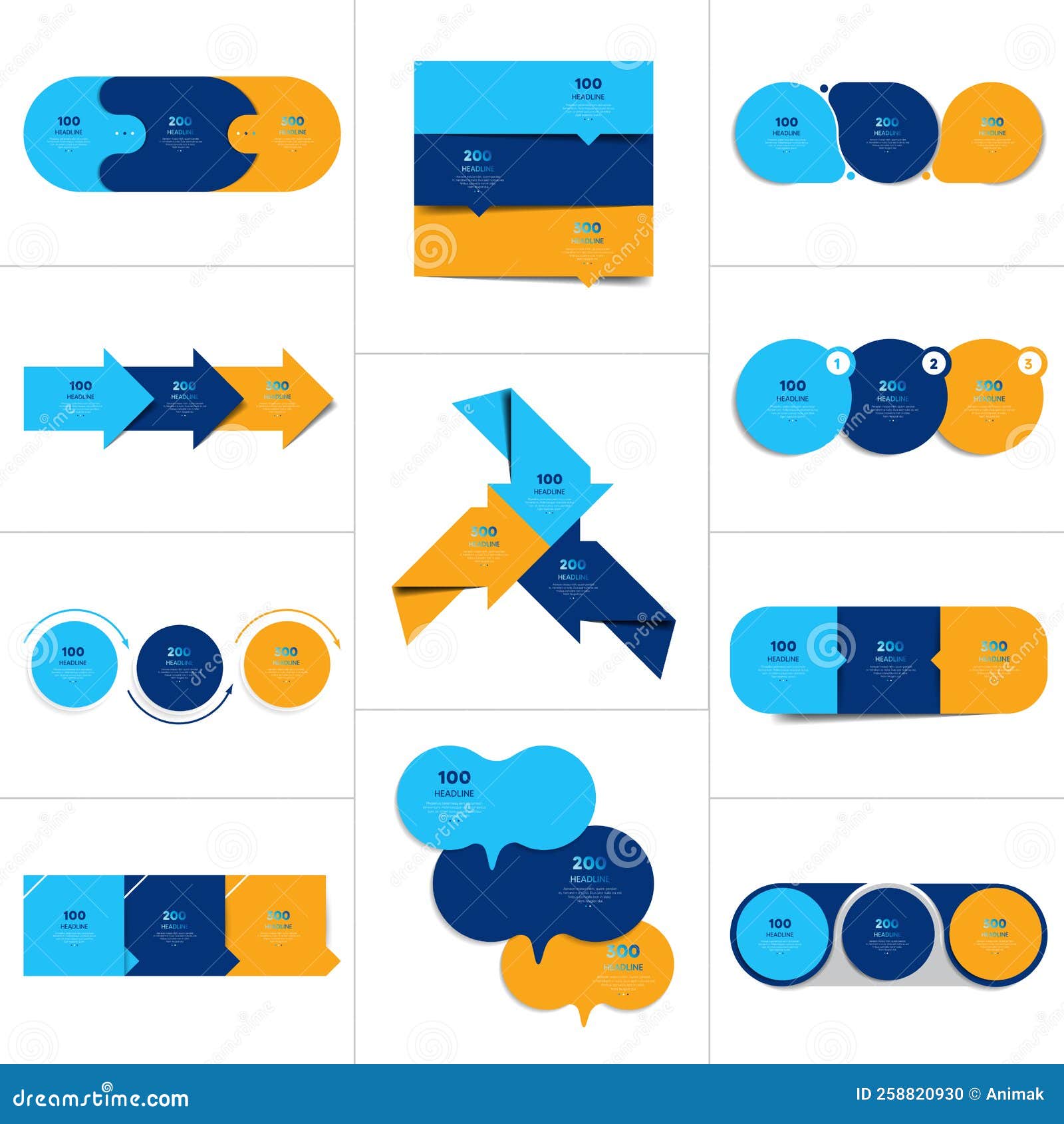 Mega Set of Three Elements, Steps Chart, Diagram, Scheme. Circle, Round ...