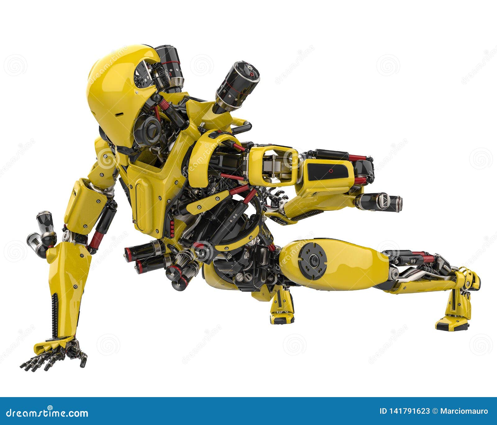 Mega Yellow Robot Super Drone Doing Pushups in a White Background Stock ...