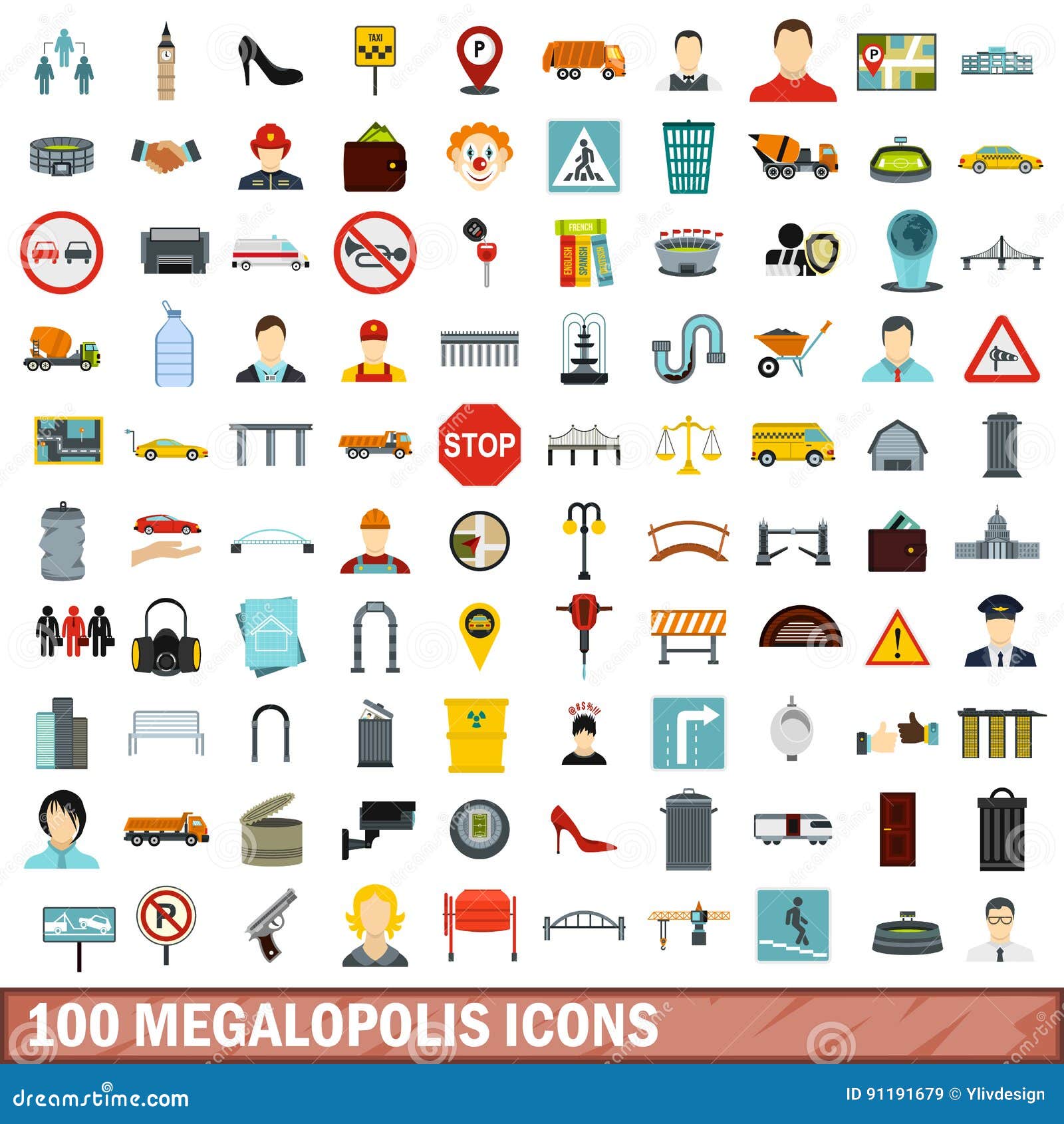 100 Megalopolis Icons Set, Flat Style Stock Vector - Illustration of ...
