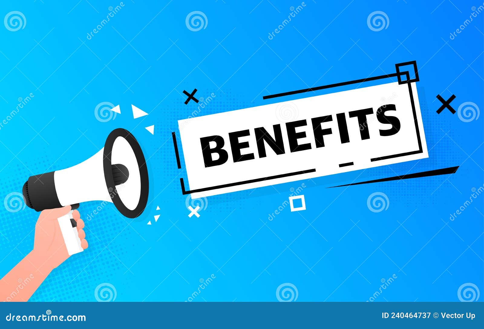 Megaphone Blue Banner with Benefits Sign. Vector Illustration Stock ...