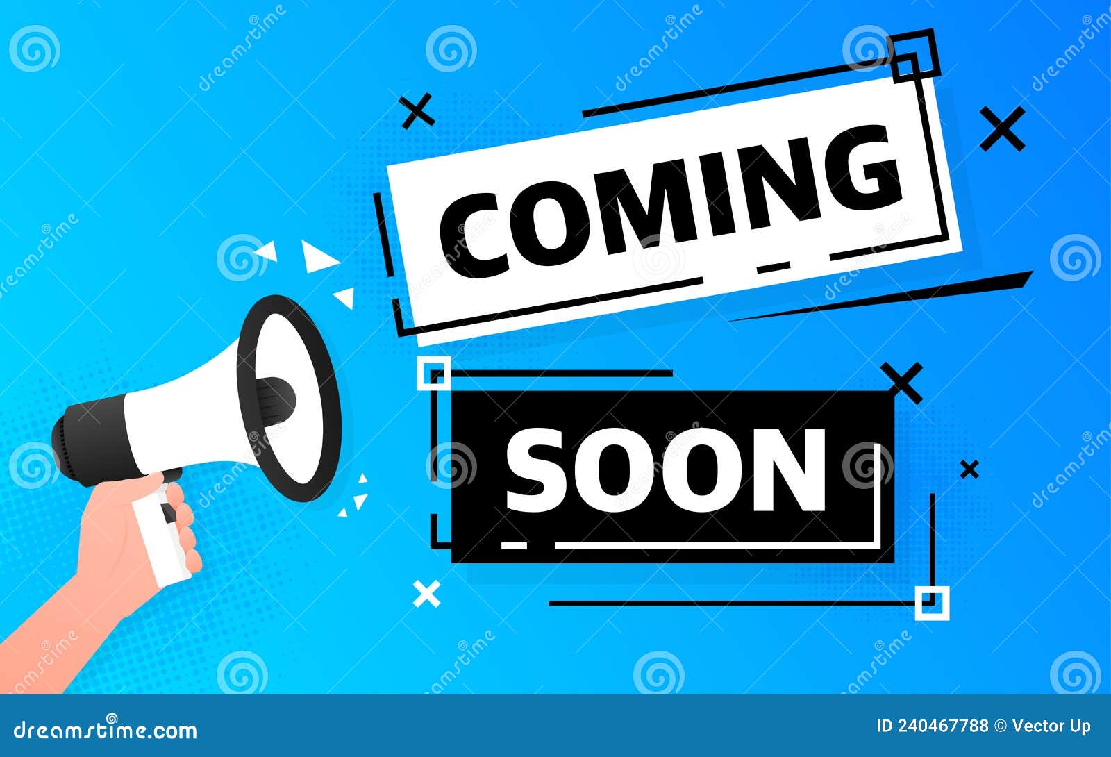 Megaphone Blue Banner with Coming Soon Sign. Vector Illustration Stock ...