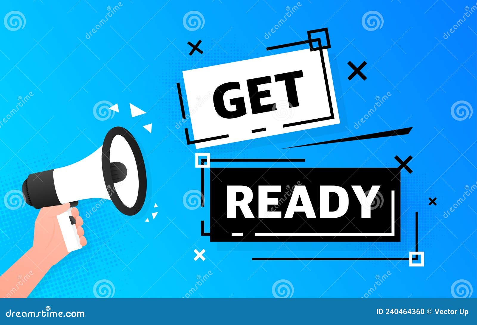 Megaphone Blue Banner with Get Ready Sign. Vector Illustration. Stock ...
