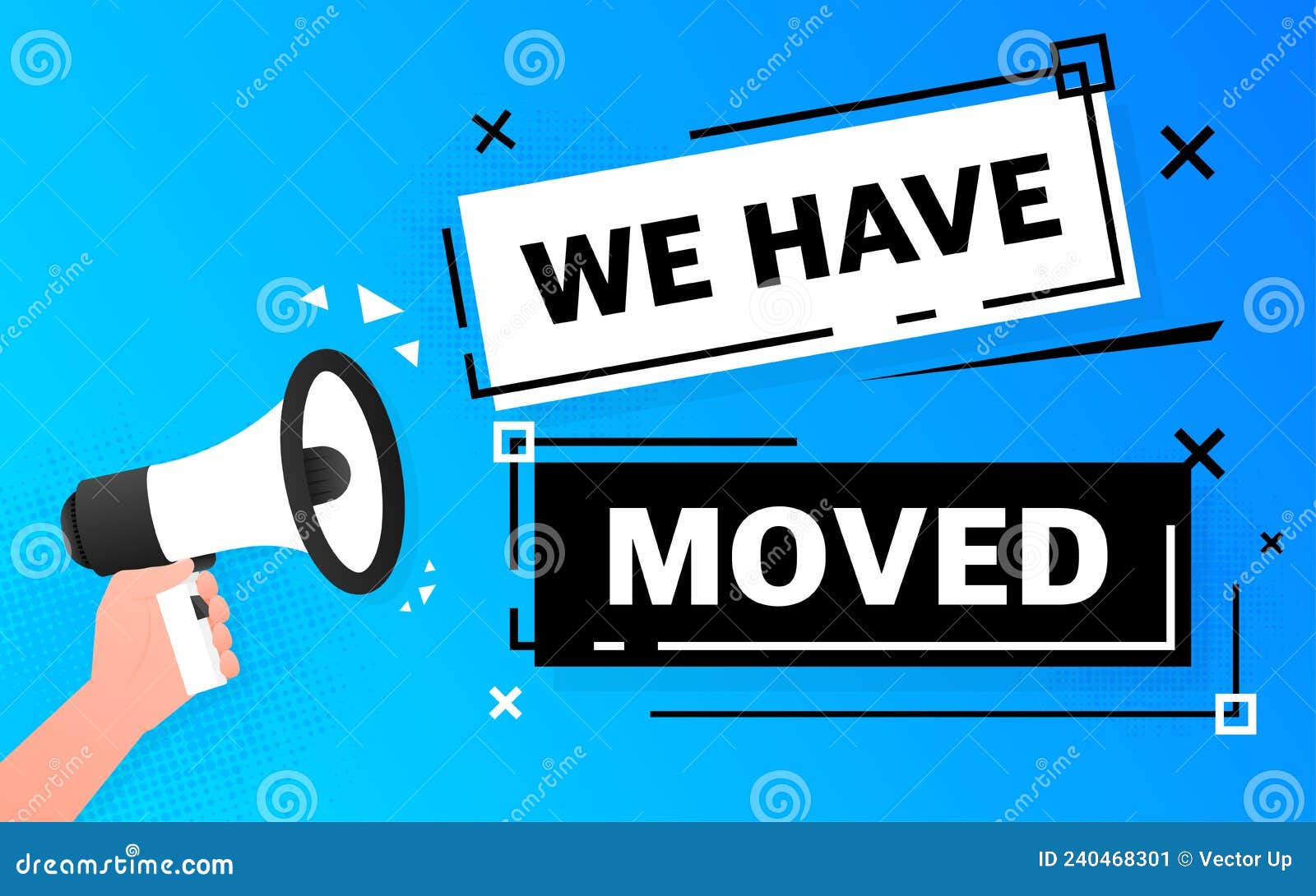 Megaphone Blue Banner with we Have Moved Sign. Vector Illustration ...
