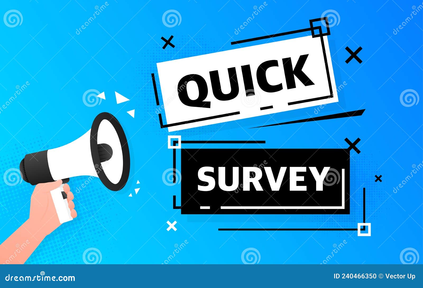 Megaphone Blue Banner with Quick Survey Sign. Vector Illustration Stock ...