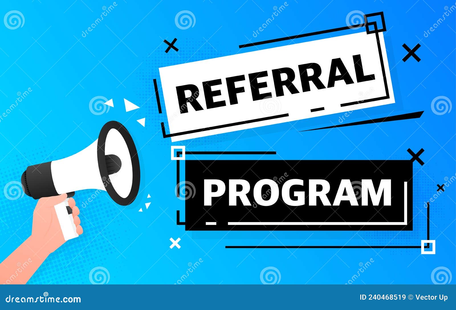 Megaphone Blue Banner with Referral Program Sign. Vector Illustration ...