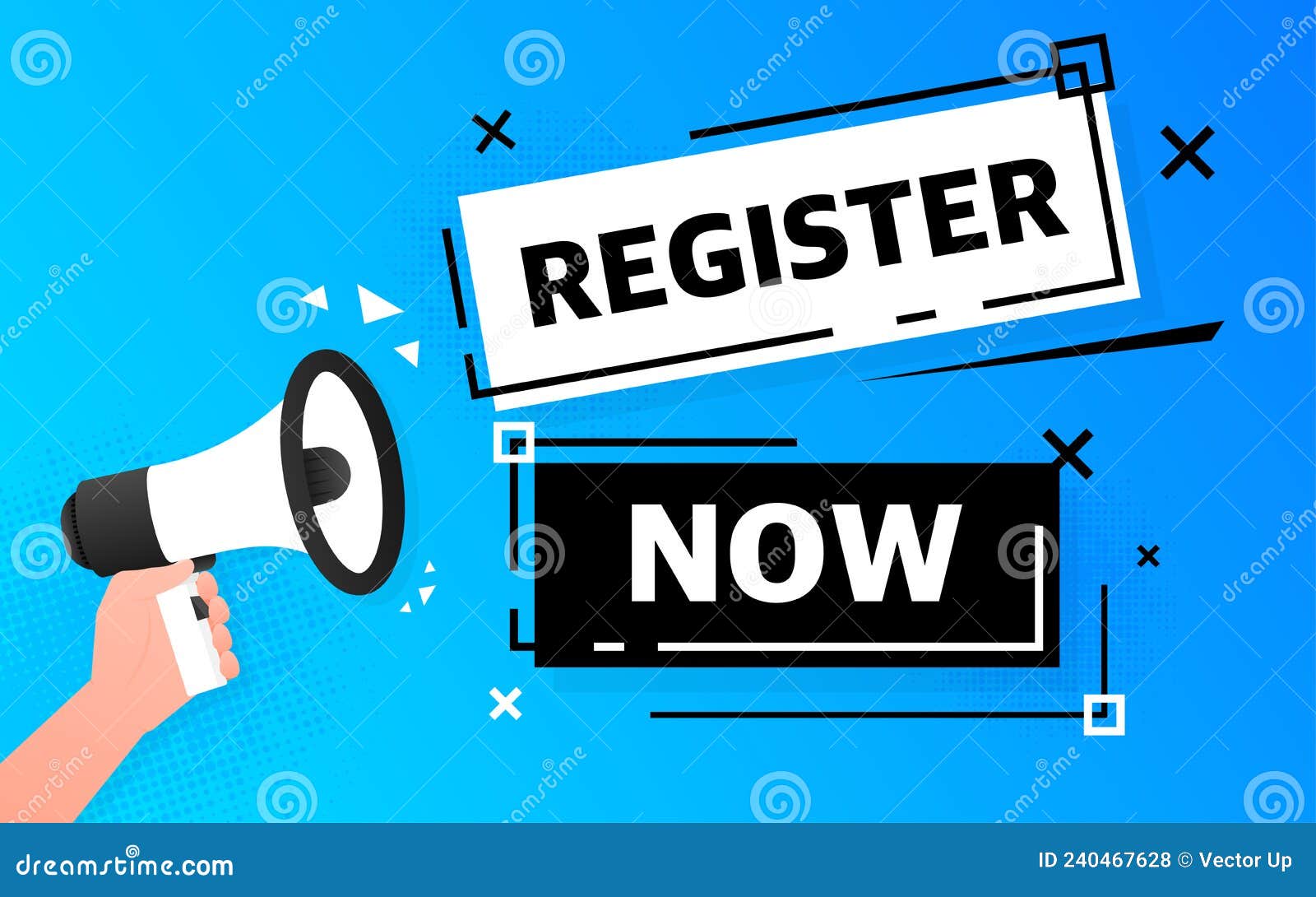 Megaphone Blue Banner with Register Now Sign. Vector Illustration Stock ...