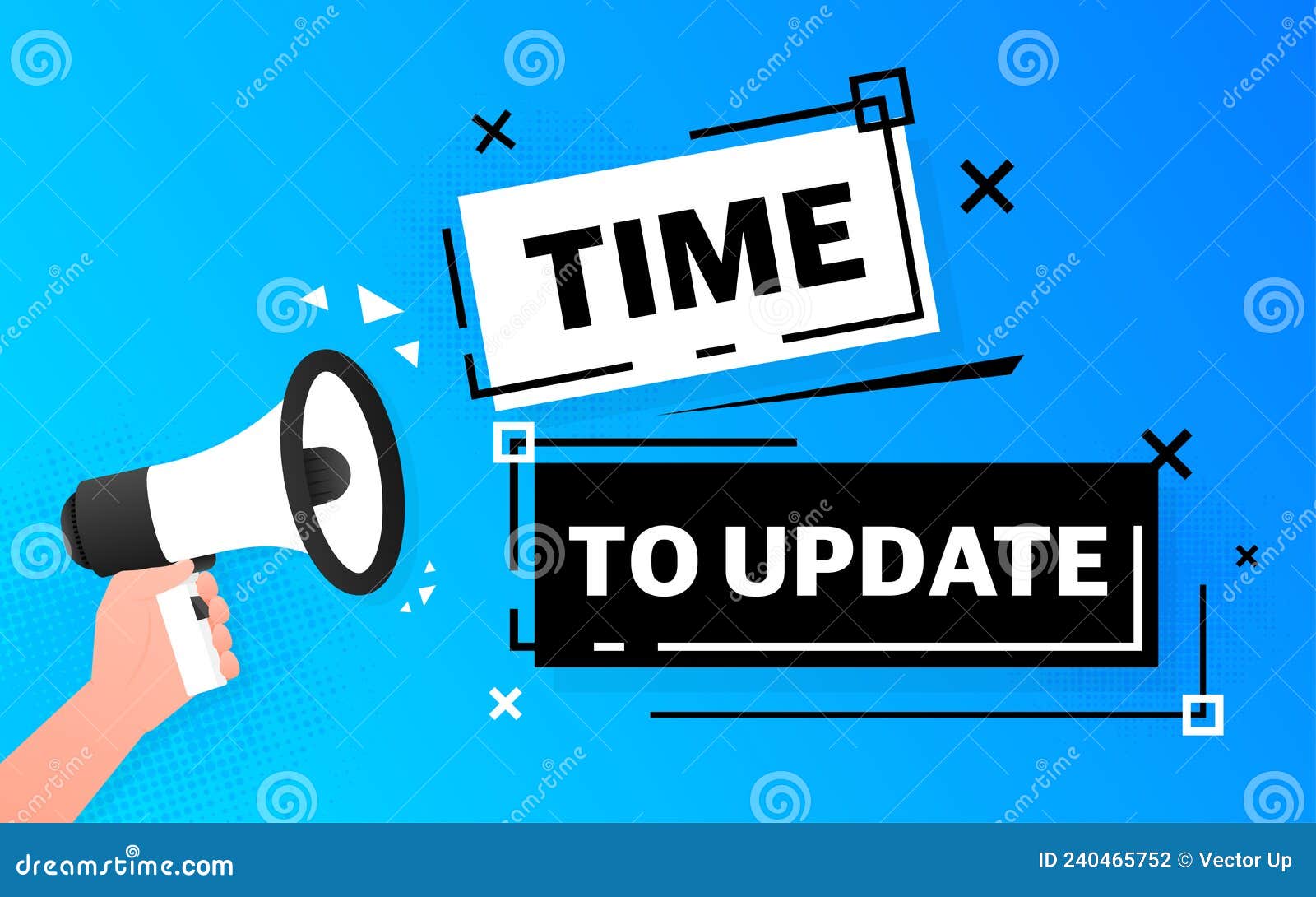 Megaphone Blue Banner with Time To Update Sign. Vector Illustration ...