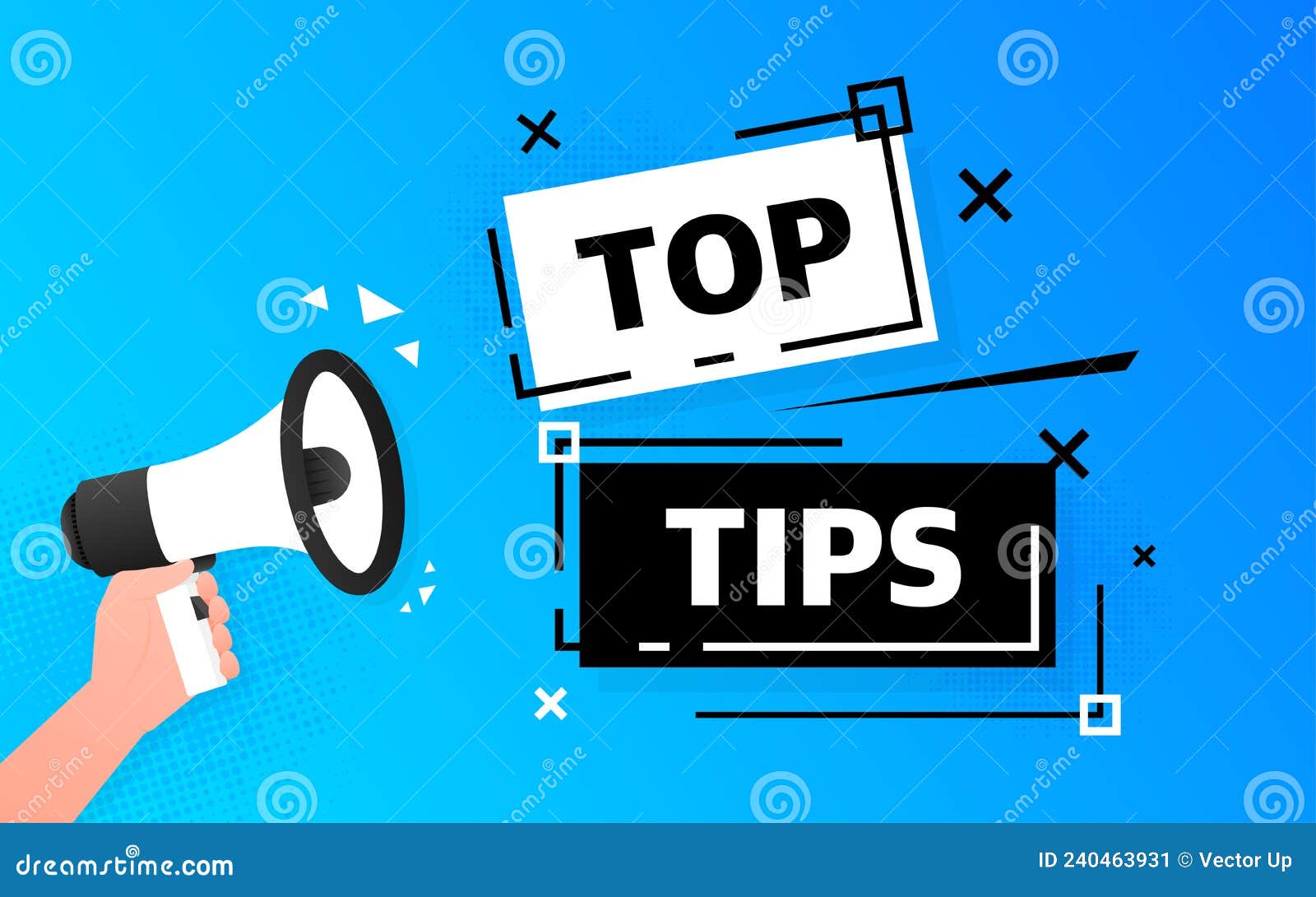 Megaphone Blue Banner with Top Tips Sign. Vector Illustration Stock ...