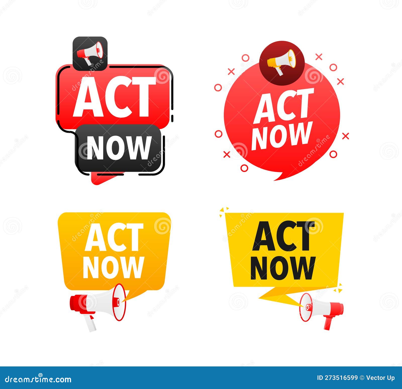 Megaphone Label Set with Text Act Now. Act Now Announcement Banner ...