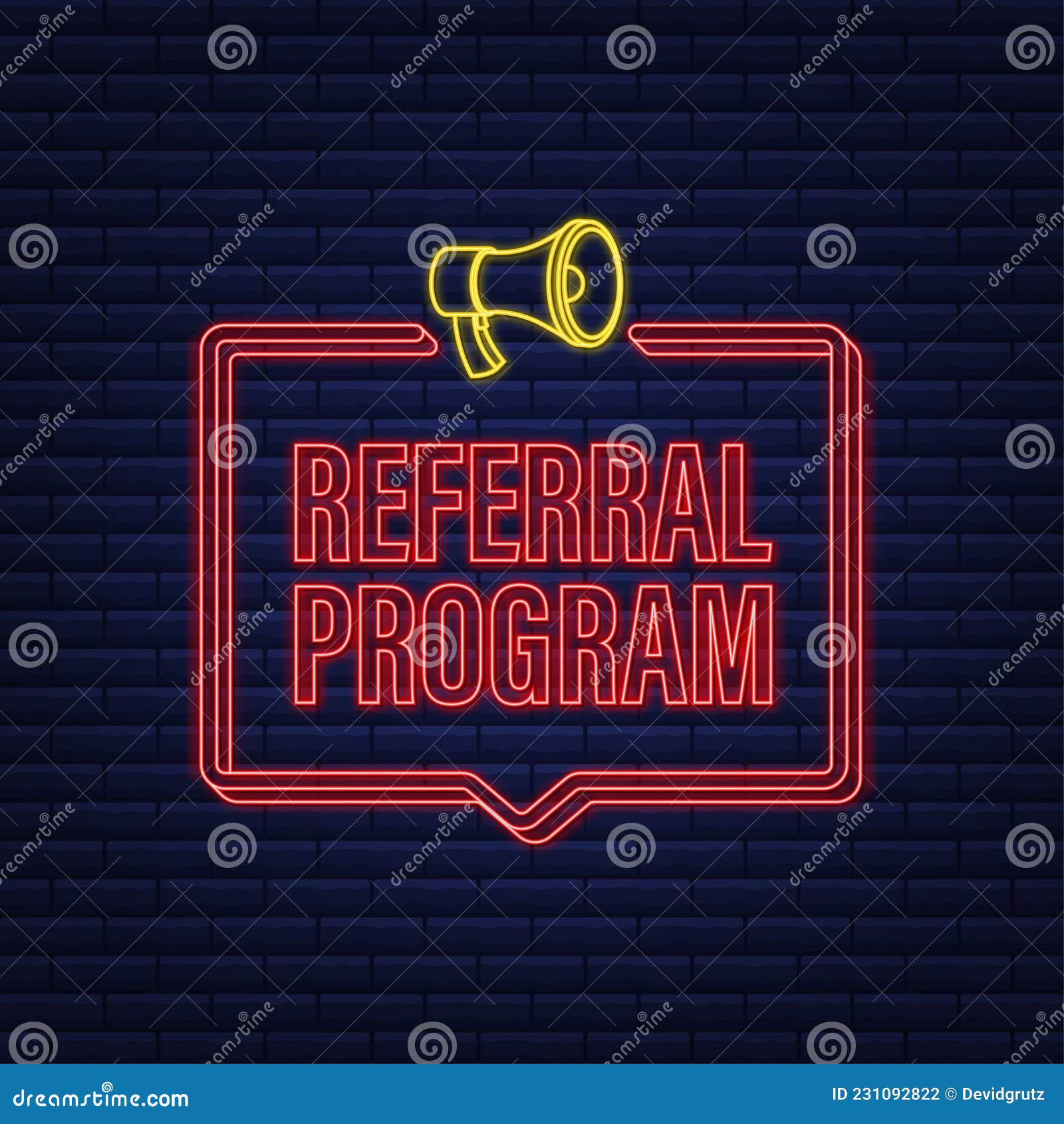 Megaphone with Referral Program. Neon Icon. Vector Illustration. Stock ... Megaphone with Referral Program. Neon Icon. Vector Illustration. Stock ...