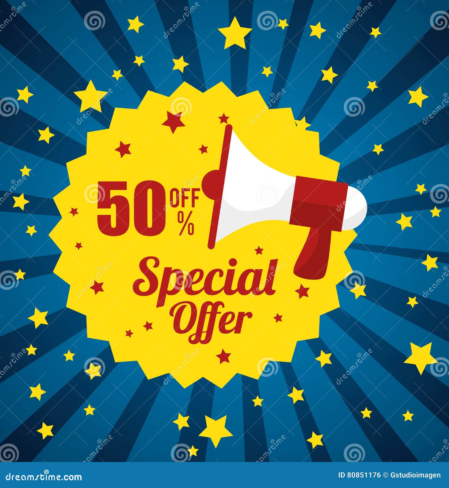 Megaphone Stamp Special Offer Discount Star Blue Background Stock ...