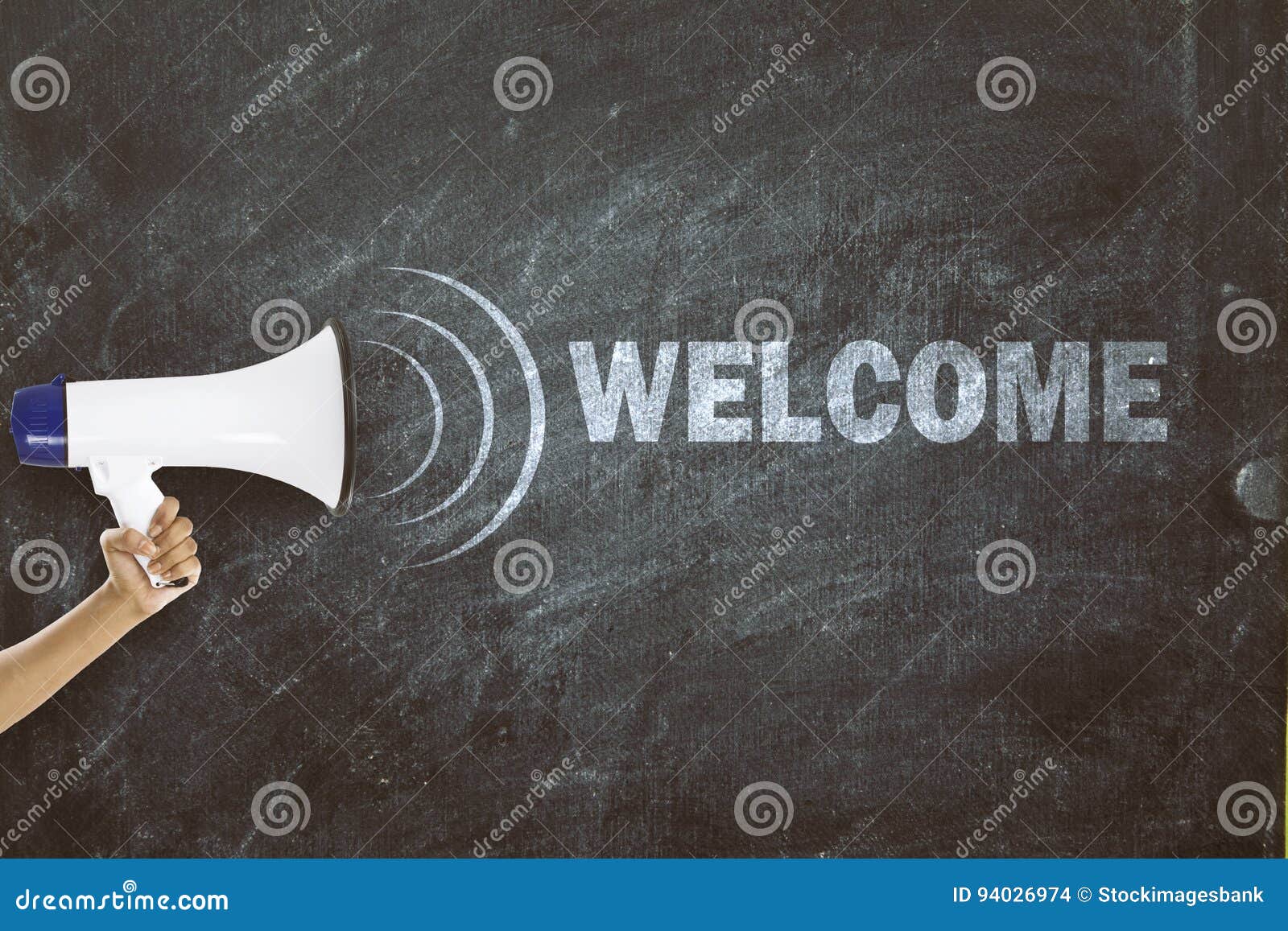 Megaphone with Welcome Sign on Blackboard Stock Photo - Image of real ...
