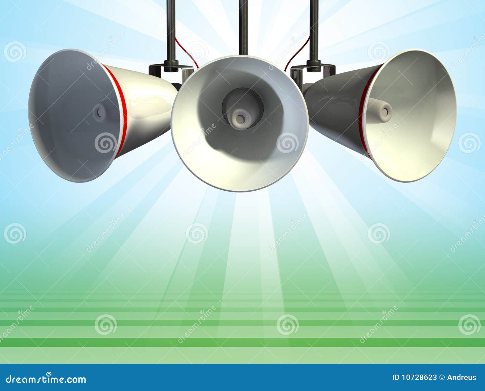 Three Megaphones On Sky Background. Isolated 3D Illustration ...