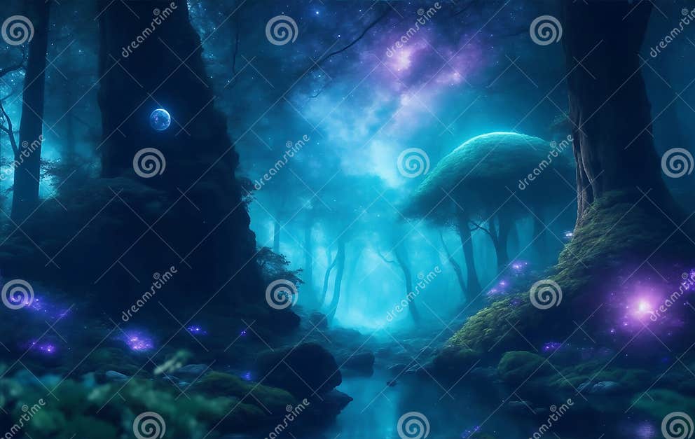 Megical Dreamy Outer Space Forest, Generative AI Illustration Stock ...