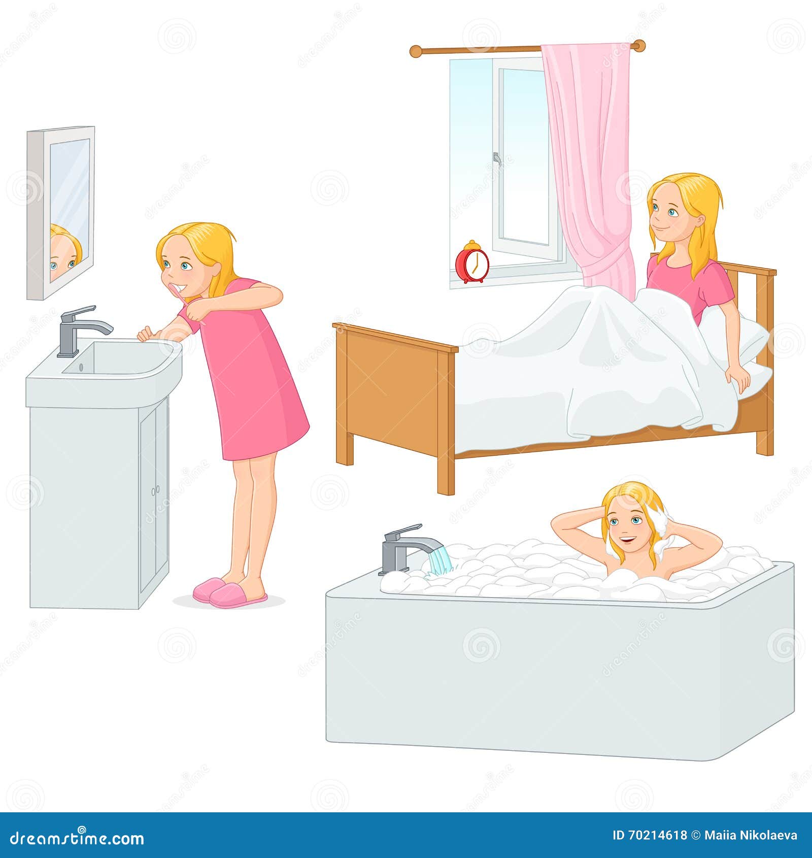 Meisje Die Haar Ochtend Routine Vectorillustratie Doen Vector ...