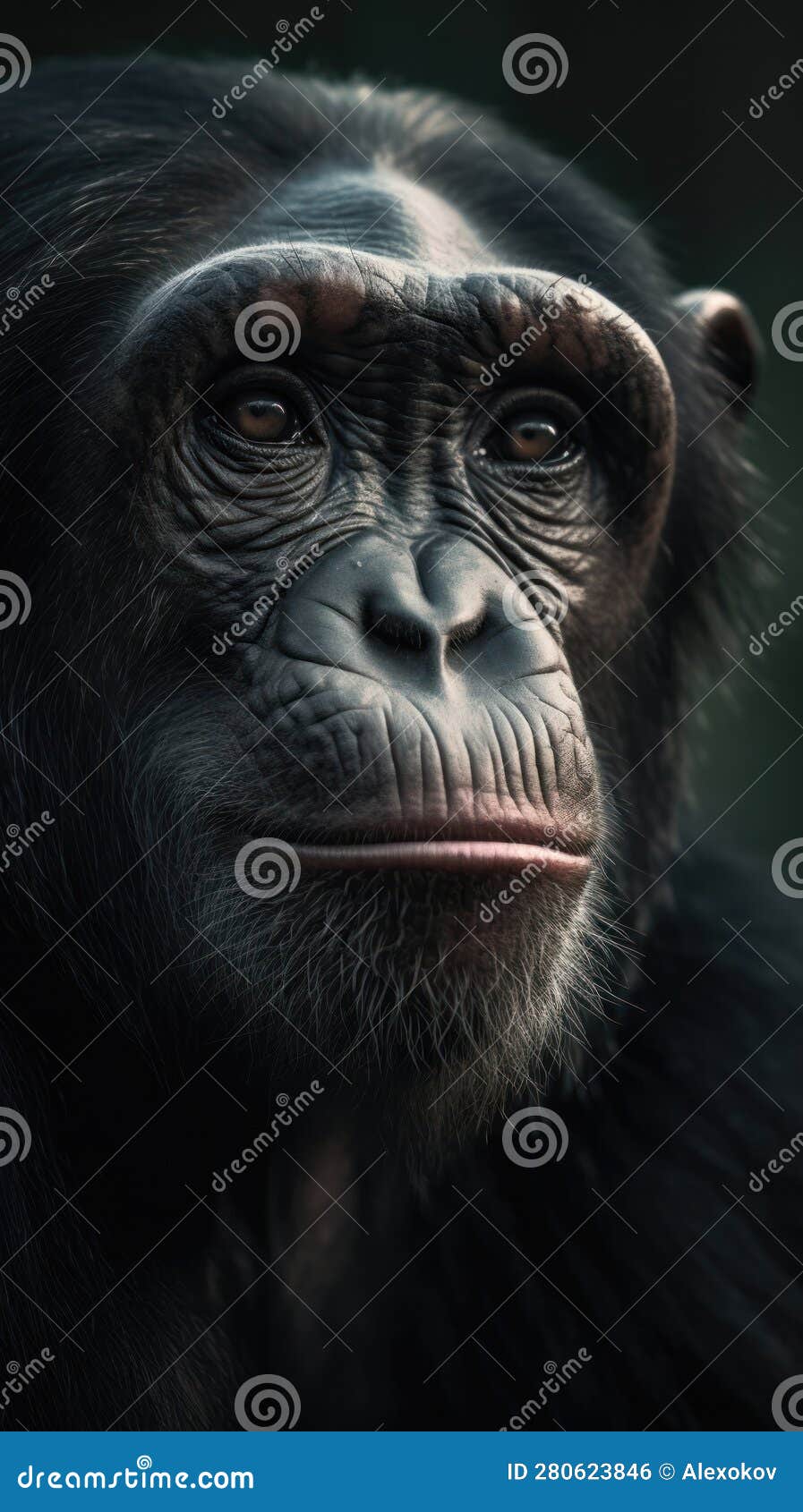 Melancholic Chimp with Expressive Eyes in Dramatic Lighting . Stock ...