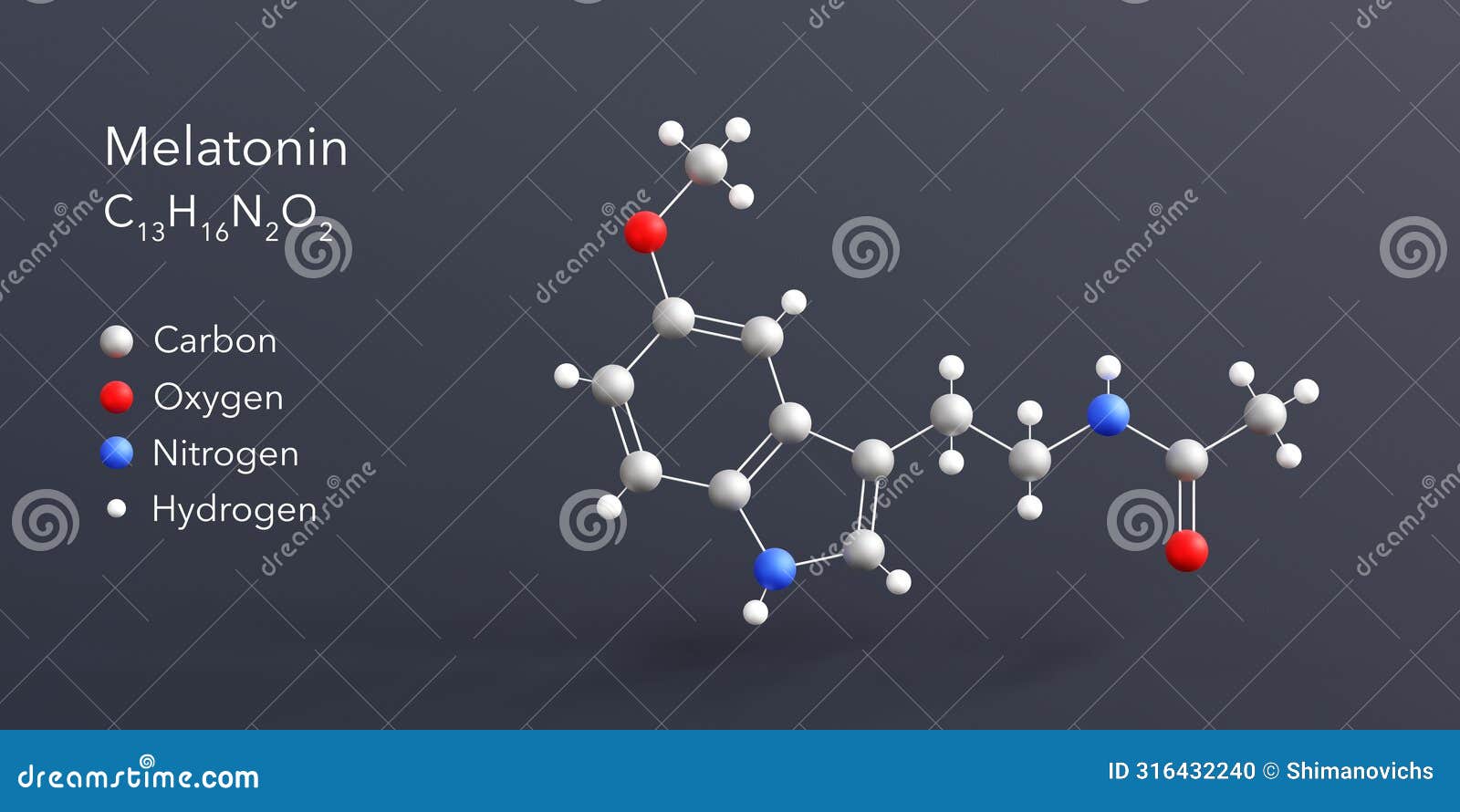 Melatonin Molecule 3d Rendering Flat Molecular Structure With Chemical Formula And Atoms Color
