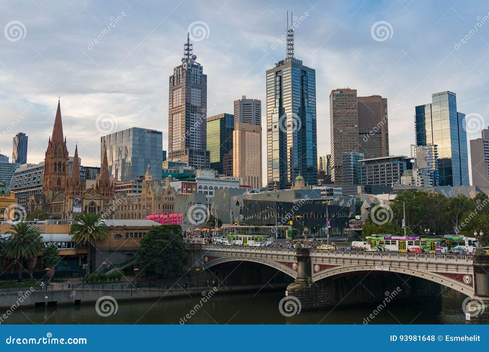 Melbourne CBD Skyline and Princes Bridge with Trams and Traffic ...
