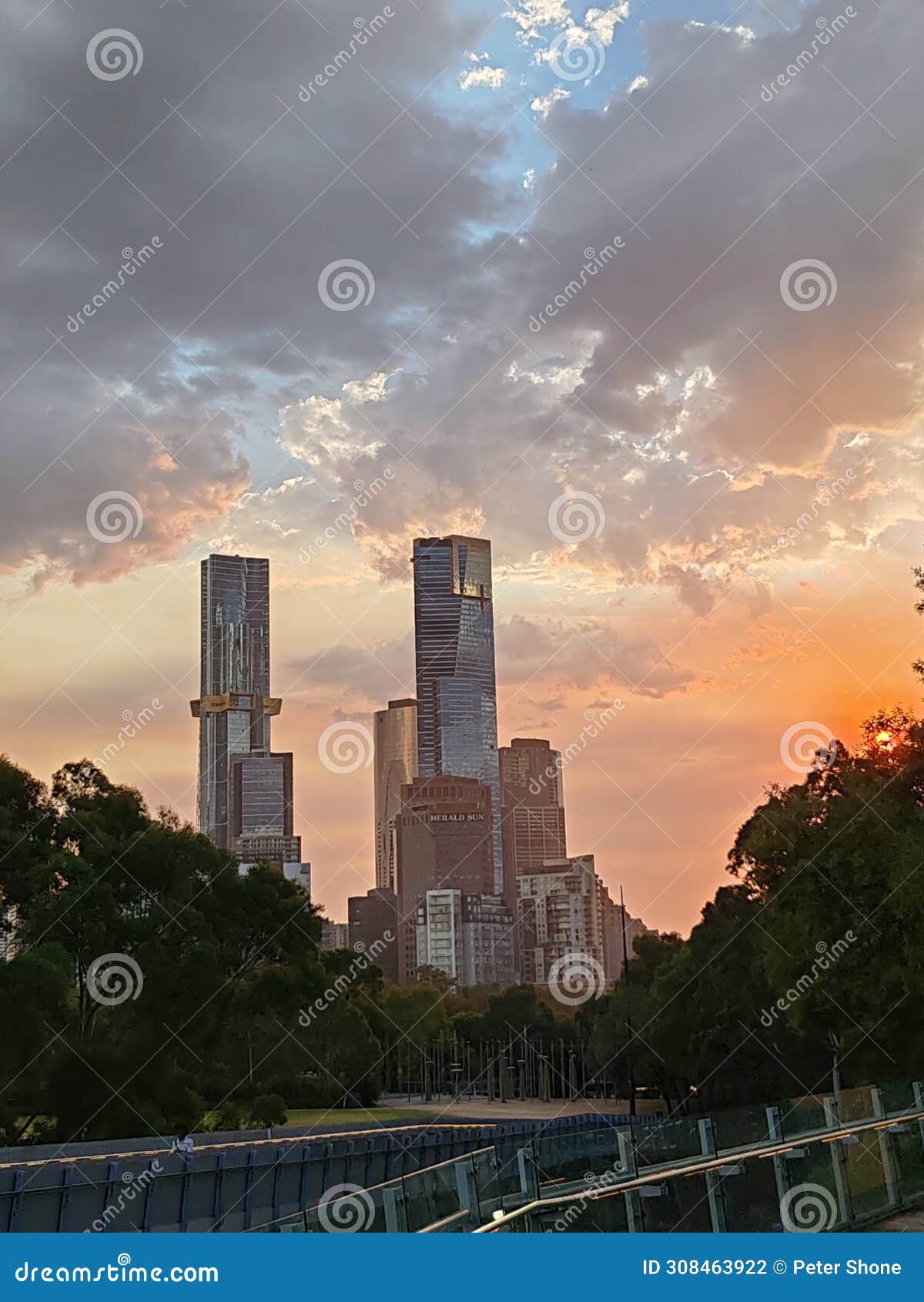 Melbourne City Skyline Sunset with Herald Sun Building Editorial ...