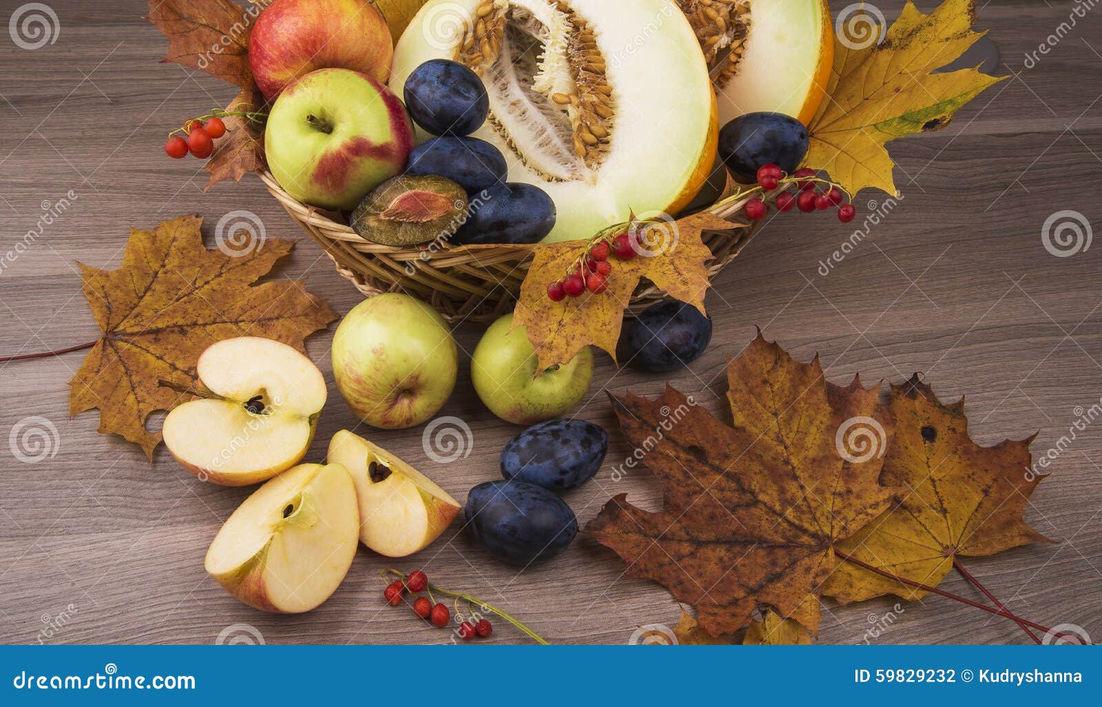 Melon,apples and plums stock photo. Image of basket, life - 59829232