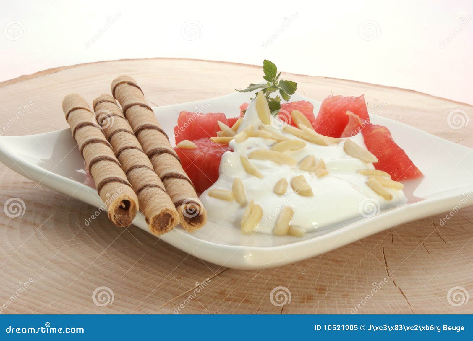 Melon with Cream Fresh and Almond Slivers Stock Image - Image of tasty ...
