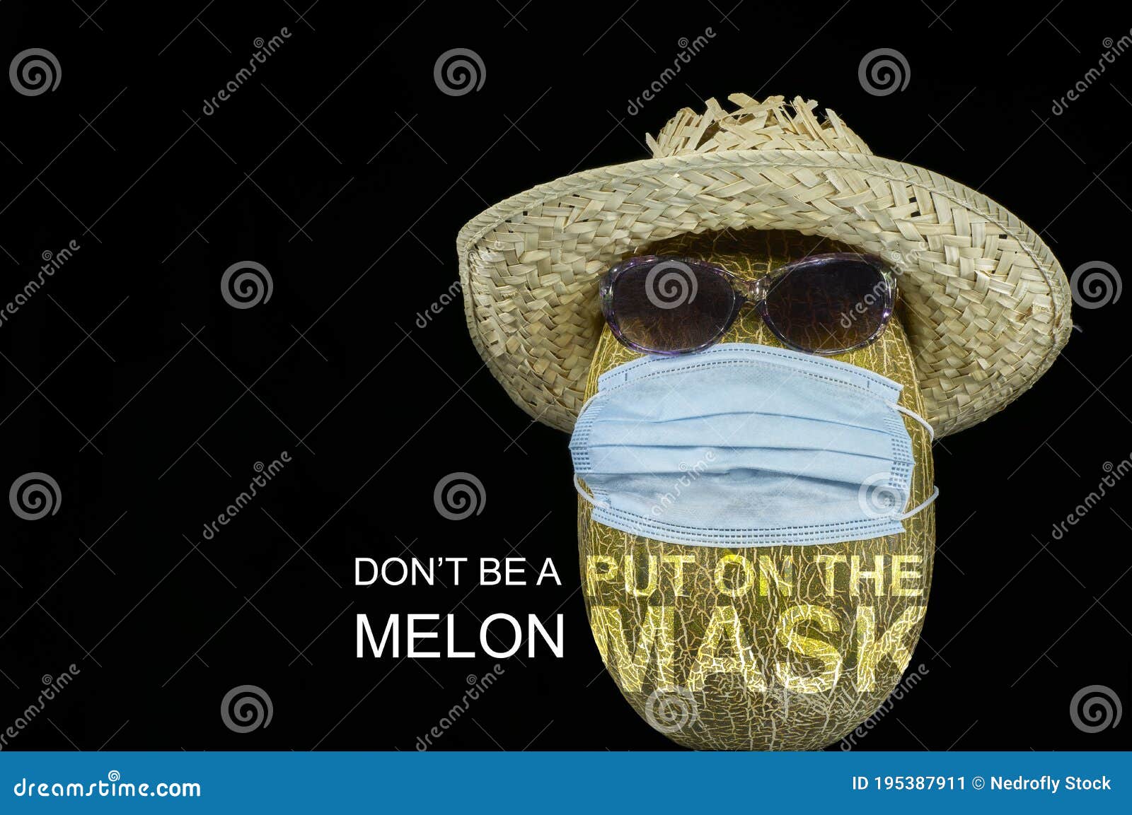 Melon With A Hat, Glasses And Mask On Black Background. Concept Of ...