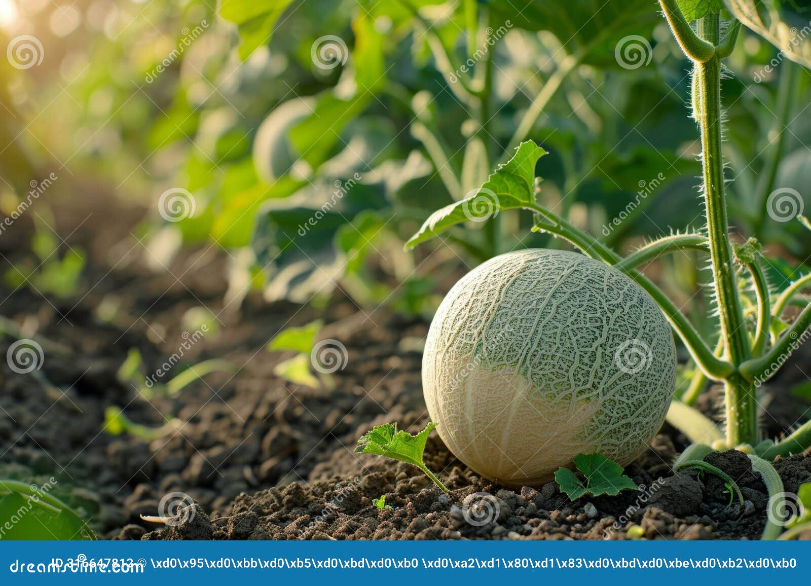 Melon Resting on the Soil Basking in the Golden Light of Sunrise in a ...