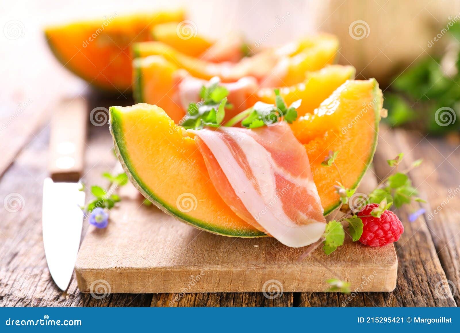 Melon slices with ham stock image. Image of board, diet - 215295421