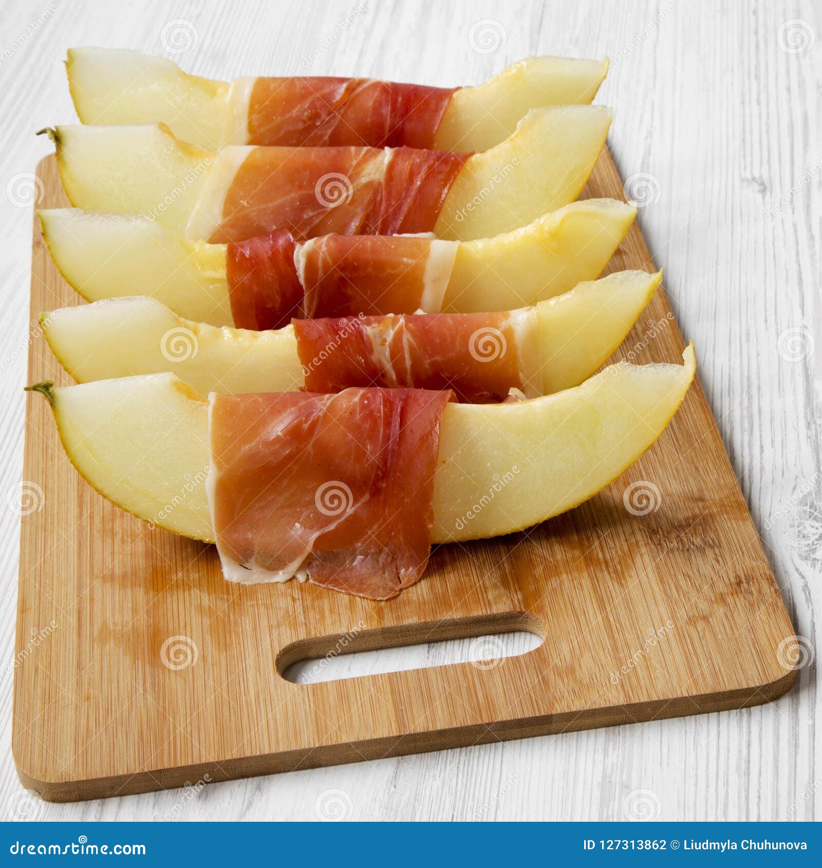 Melon Slices Wrapped in Prosciutto, Side View. Stock Photo - Image of ...