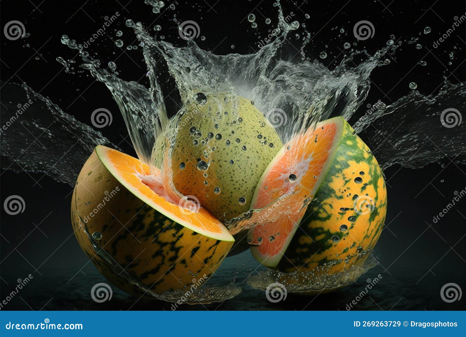 Melon Splashed or Thrown in Water. Water Splash Fresh Fruit Creative ...