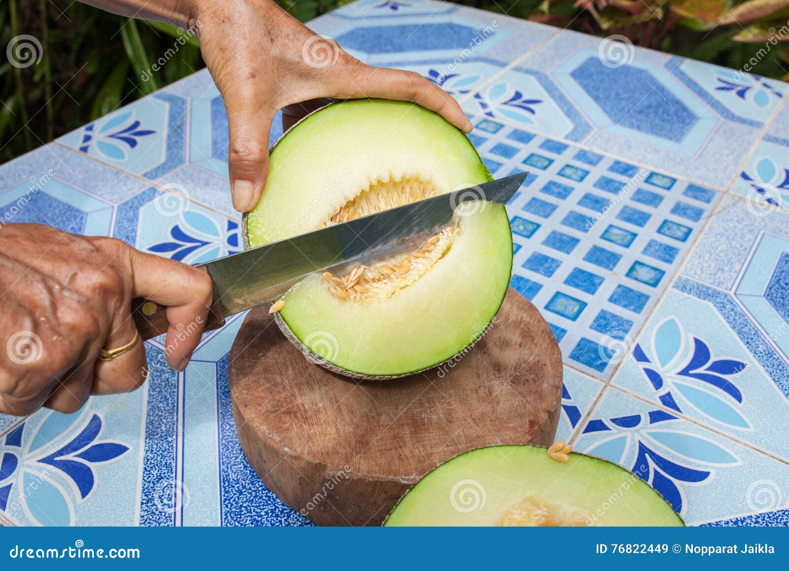 Melon on the Table or Cantaloupe Salad. Slices of Melon on a Tab Stock ...